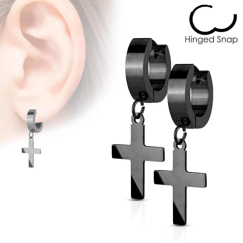 Pair of 316L Surgical Steel Hinged Hoop Earrings with Cross Dangle Vivid Body Jewelry Co